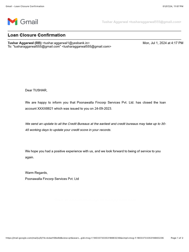 Loan Closure Confirmation from Poonawalla | PDF