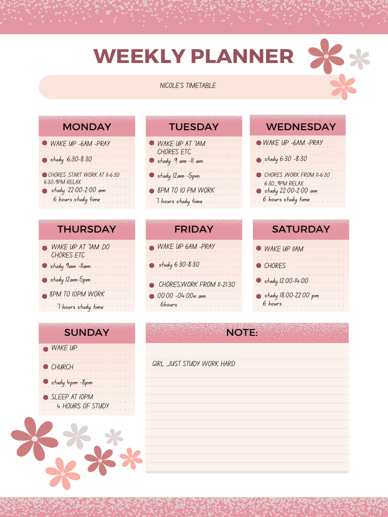 STUDY TIMETABLE Example | PDF