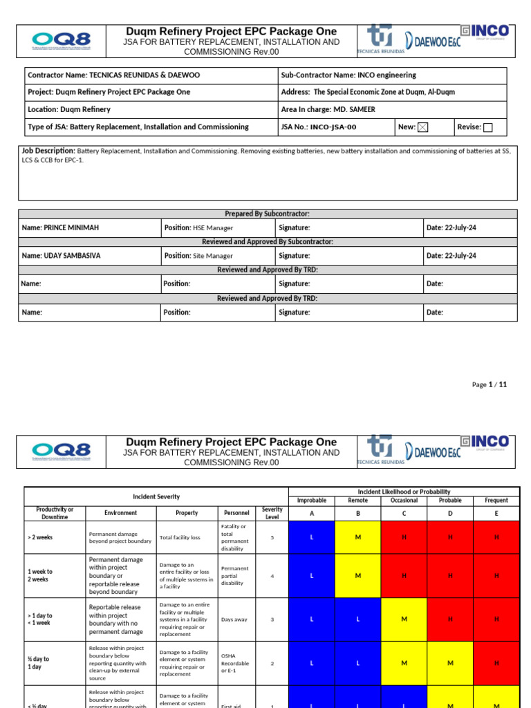 Battery Replacement JSA for Duqm Project | PDF | Consent | Law Of ...