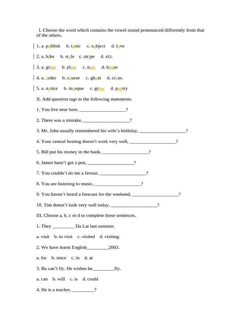 Vowel Sounds and Grammar Exercises | PDF