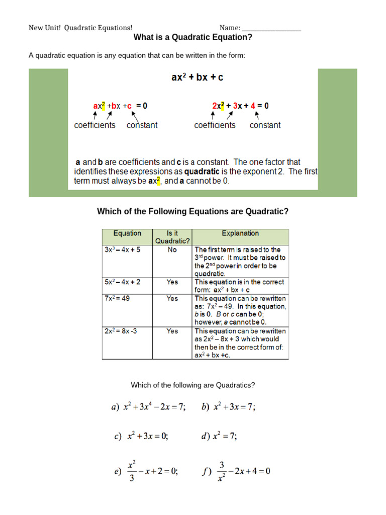Quadratic Formulas Worksheet | PDF