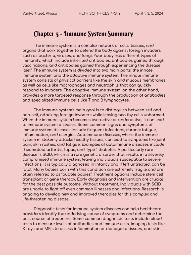 Chapter 5 - Immune System Summary - Alyssa VanPortfleet 4-5th 2 | PDF | Immune System ...