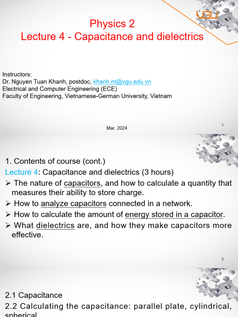 ECE2024-Physics 2-Lecture 4 - Capacitance and Dielectrics Revised | PDF | Capacitor | Capacitance