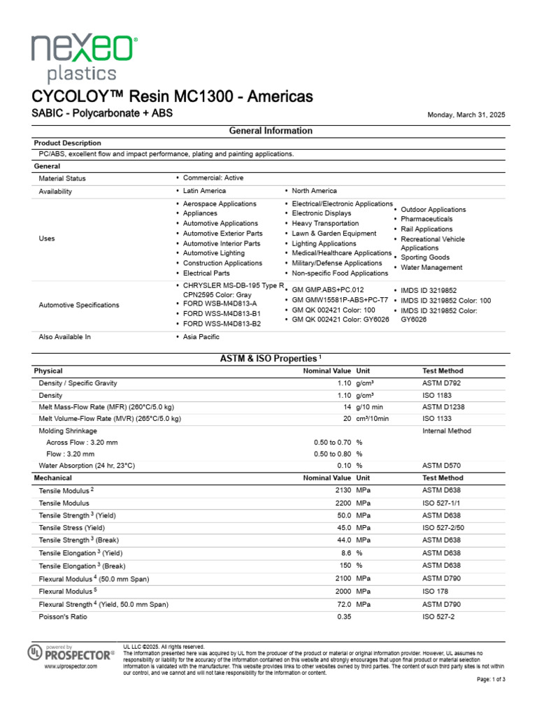 Nexeo-Plastics-CYCOLOY™+Resin-MC1300+-+Americas | PDF | Yield (Engineering) | Ultimate Tensile ...