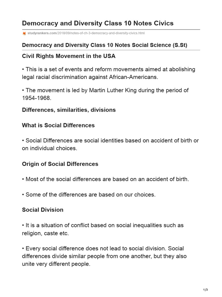 Democracy and Diversity Class 10 Notes Civics | PDF