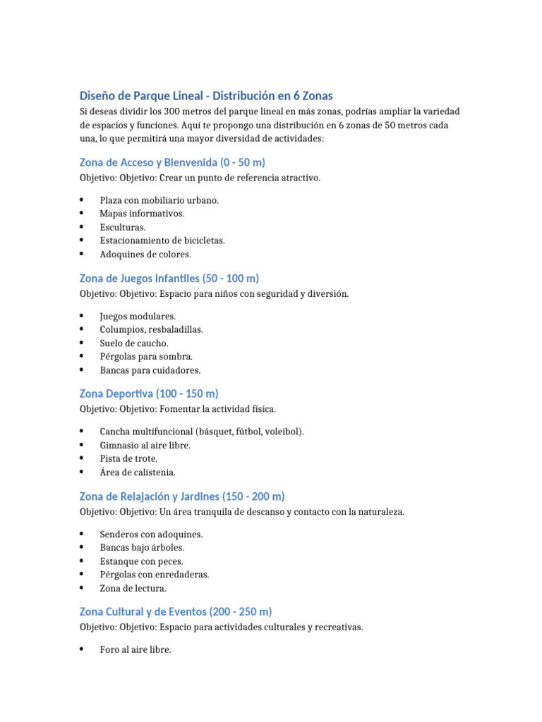 Distribucion Parque Lineal 6 Zonas | PDF