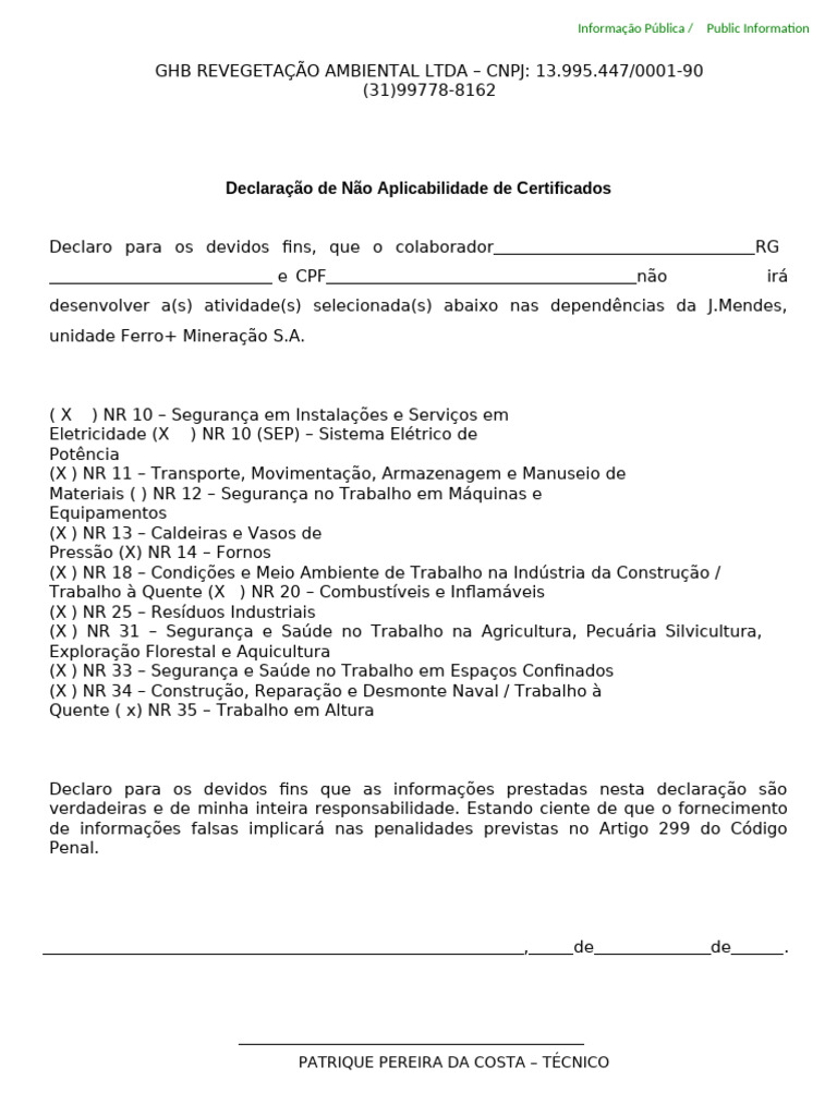 Modelo_de_nao_aplicabilidade_de_NR_2 | PDF
