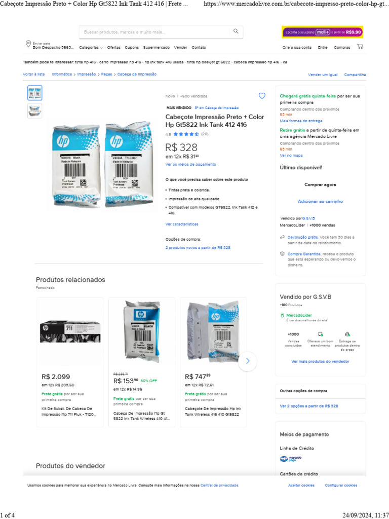 Cabeçote Impressão Preto + Color HP Gt5822 Ink Tank 412 416 - Frete ...