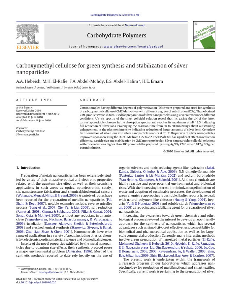 Carboxymethyl Cellulose For Green Synthesis and Stabilization of Silver | PDF | Nanoparticle ...