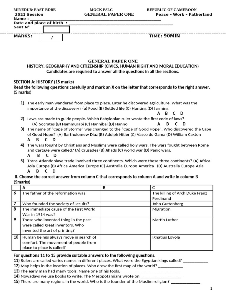 2021 General Paper I Mock FSLC | PDF | Cameroon | Planets