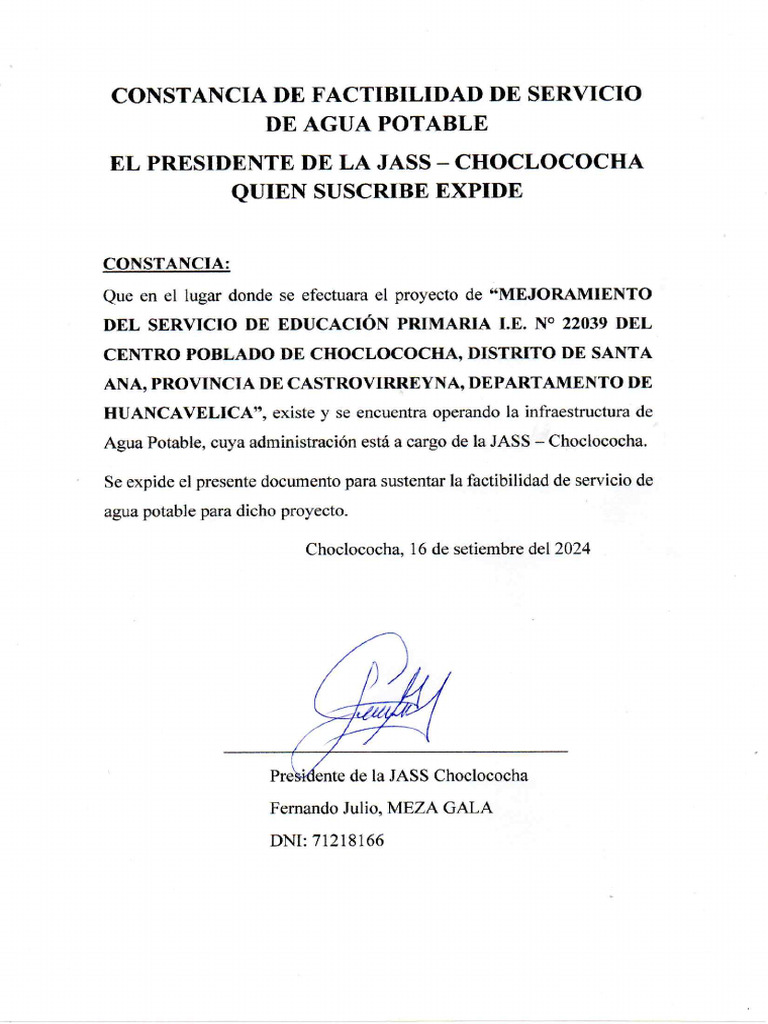 CONSTANCIA DE FACTIBILIDAD DE AGUA CHOCLOCOCHA | PDF