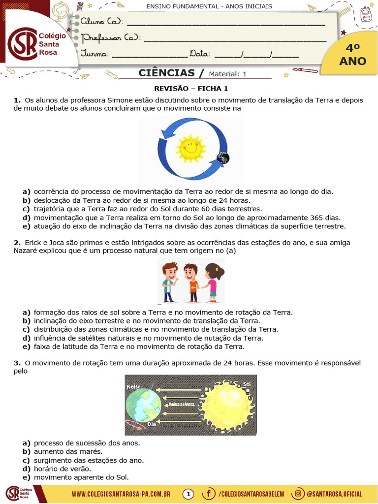 Cie-Ncias - Mat. 1 - Revisa-O - Ficha 1 - 4 - Ano | PDF | Terra | Sistema Solar