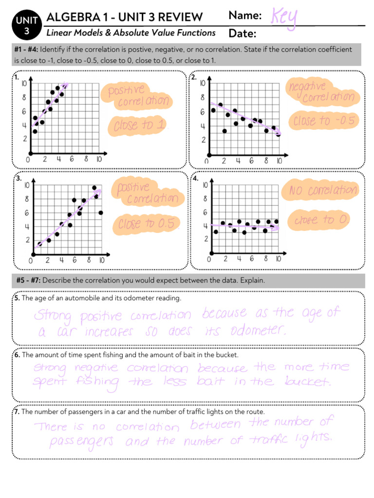 Algebra 1 Unit 3 Review Key | PDF | Linear Regression | Slope