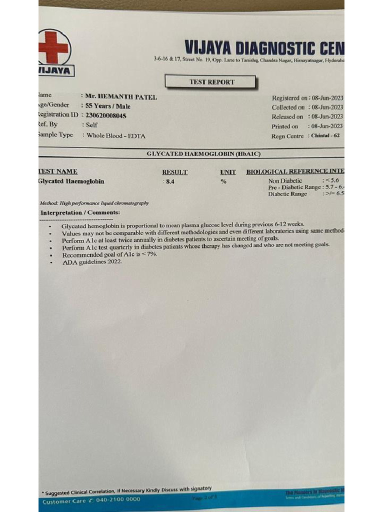 Hemant Patel HbA1C (Previous 3 Reports) | PDF