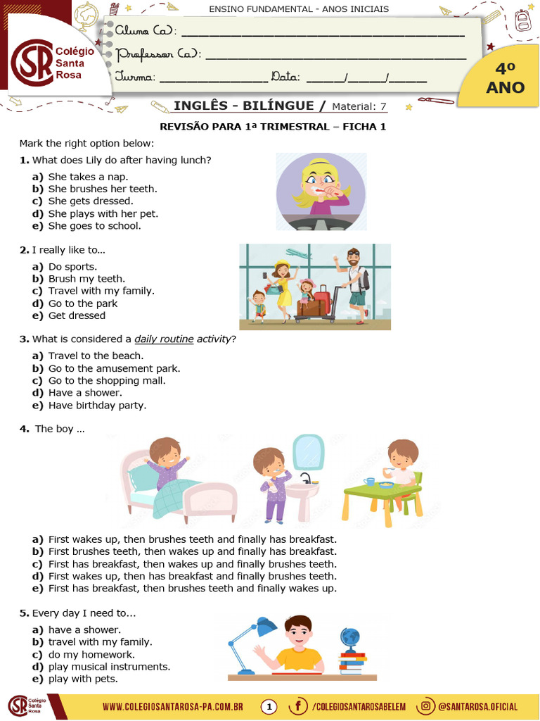 Ingl-S Bil-Ngue - Mat. 7 - Revis-O para 1 - Trimestral - Ficha 1 - 4 - Ano | PDF