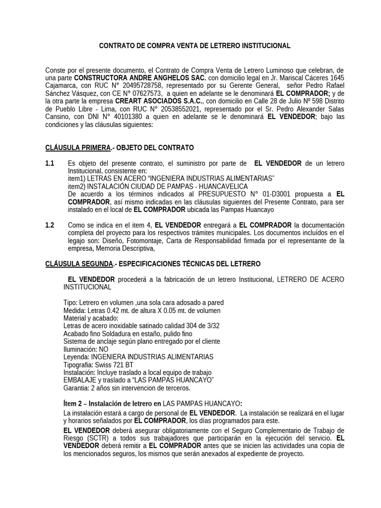 CONTRATO CONSTRUCTORA ANDRE ANGHELOS SAC..doc Final | PDF | Arbitraje | Presupuesto
