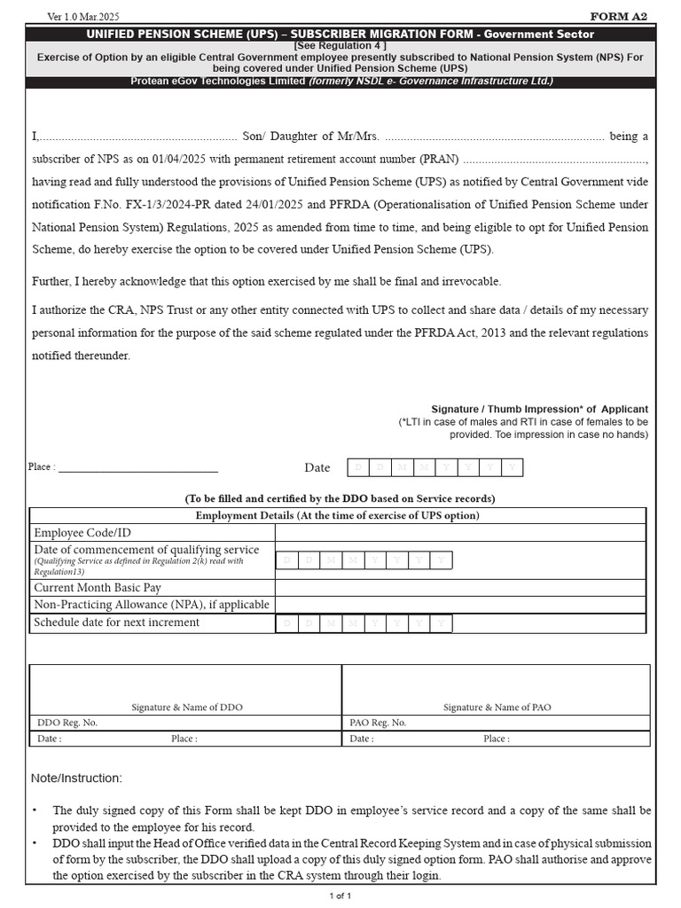 Unified Pension Scheme (UPS) Migration Form A2 | PDF | Pension | Retirement
