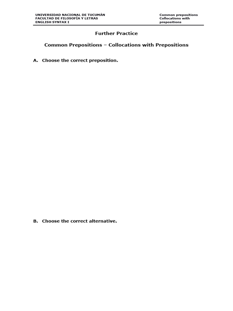 Unit VIII - Common Prepositions - Collocations With Prepositions - Further Practice | PDF