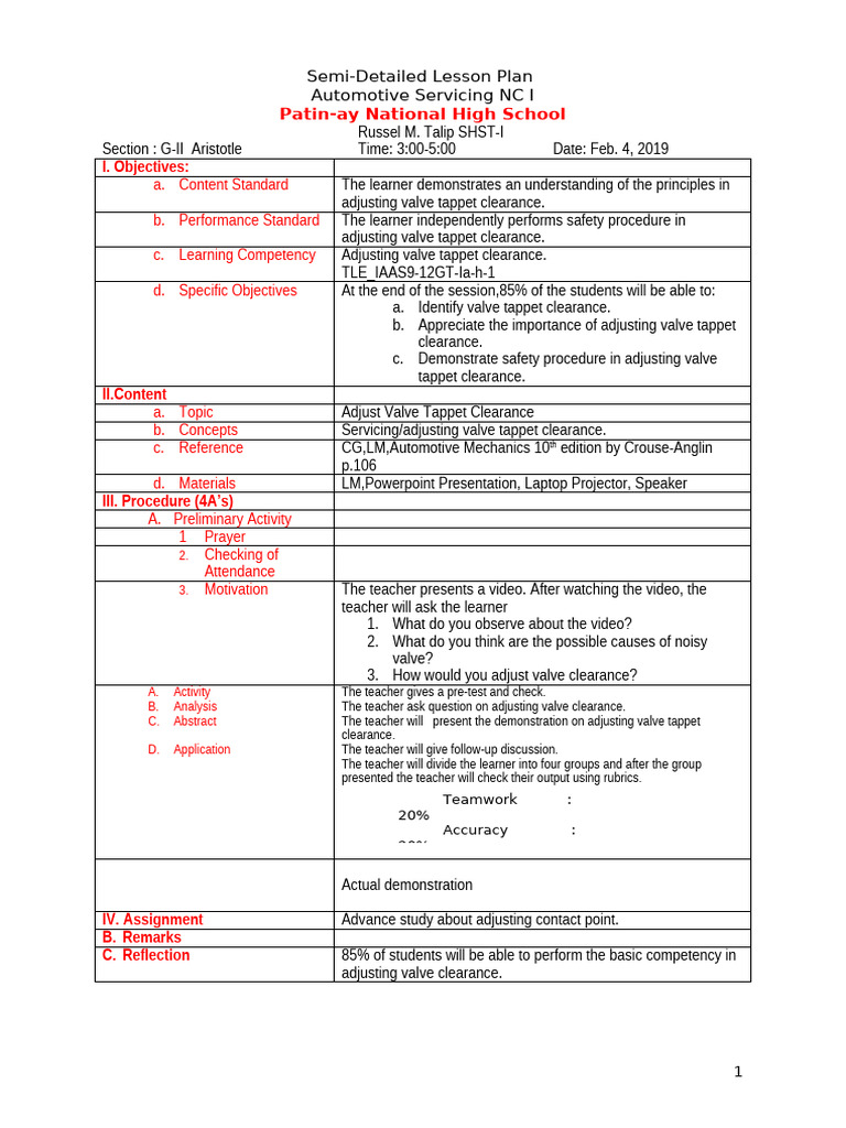 Lesson Plan AUTOMOTIVE 11 | PDF | Learning | Lesson Plan