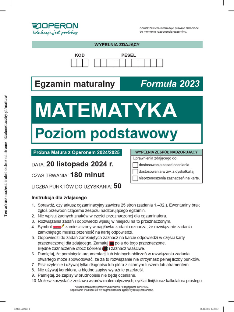 Matura Podstawowa Probna Matematyka Operon 2024 | PDF