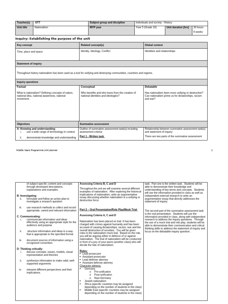 MYP Unit Plan_History | PDF | Nationalism | Inquiry