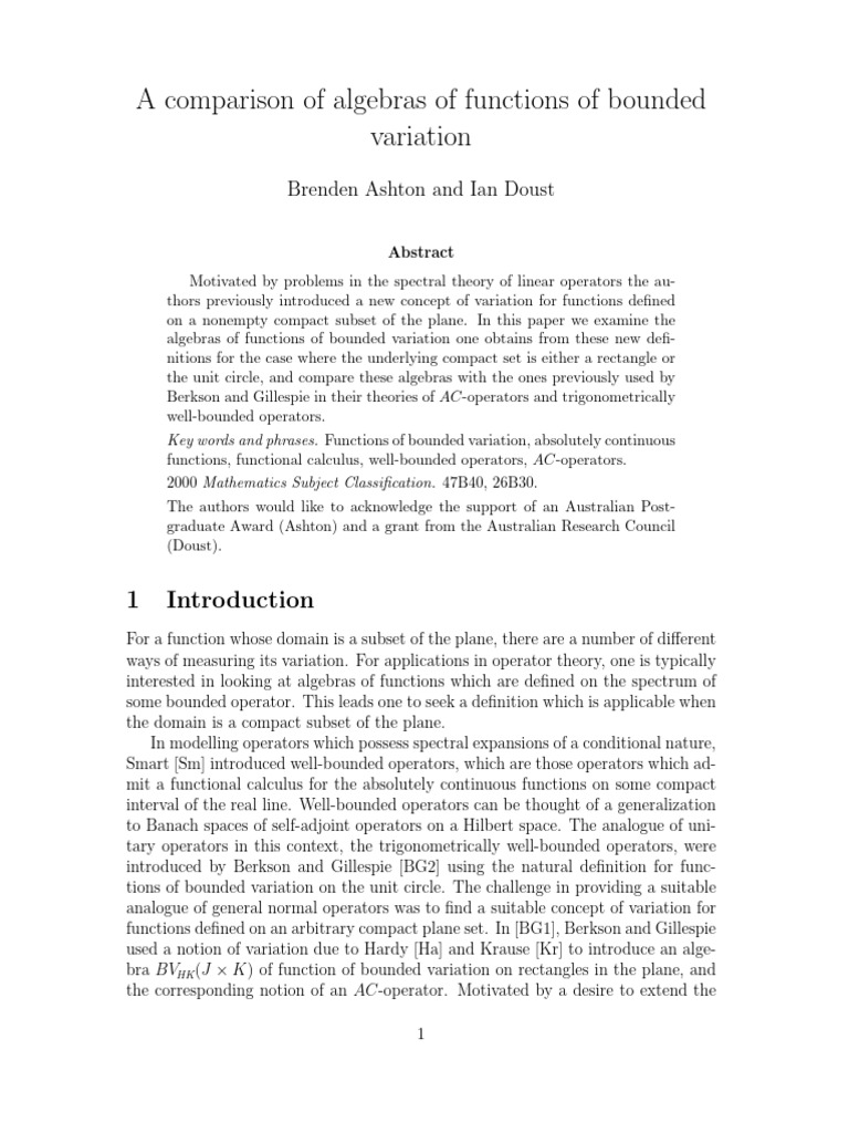 A Comparison of Algebras of Functions of Bounded Variation (B. Ashton, I. Doust) (2007) ) | PDF ...