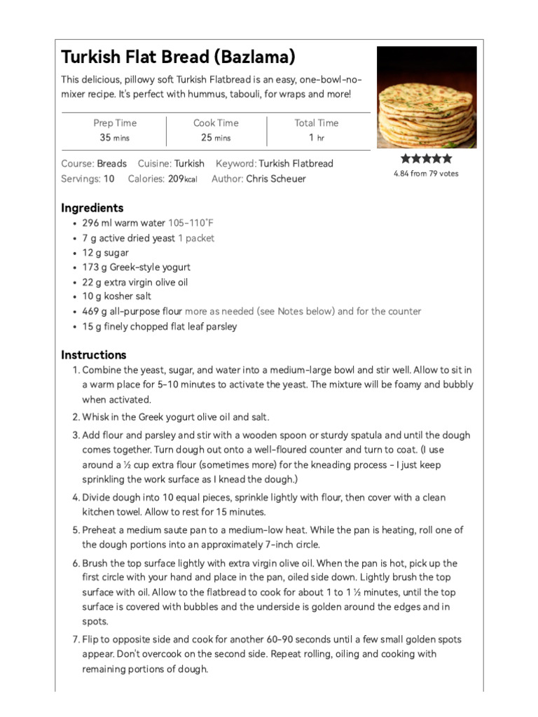 Turkish Flat Bread (Bazlama) - The Café Sucre Farine | PDF | Fat | Dough