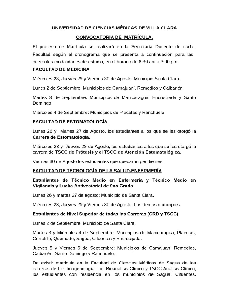 Convocatoria de Matricula Ucm VC 2024-2025 | PDF | Cuidado de la salud ...