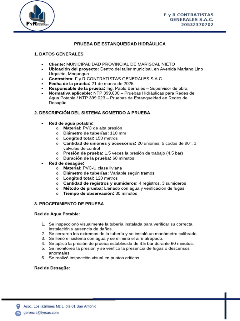 Prueba de Estanqueidad Hidráulica | PDF