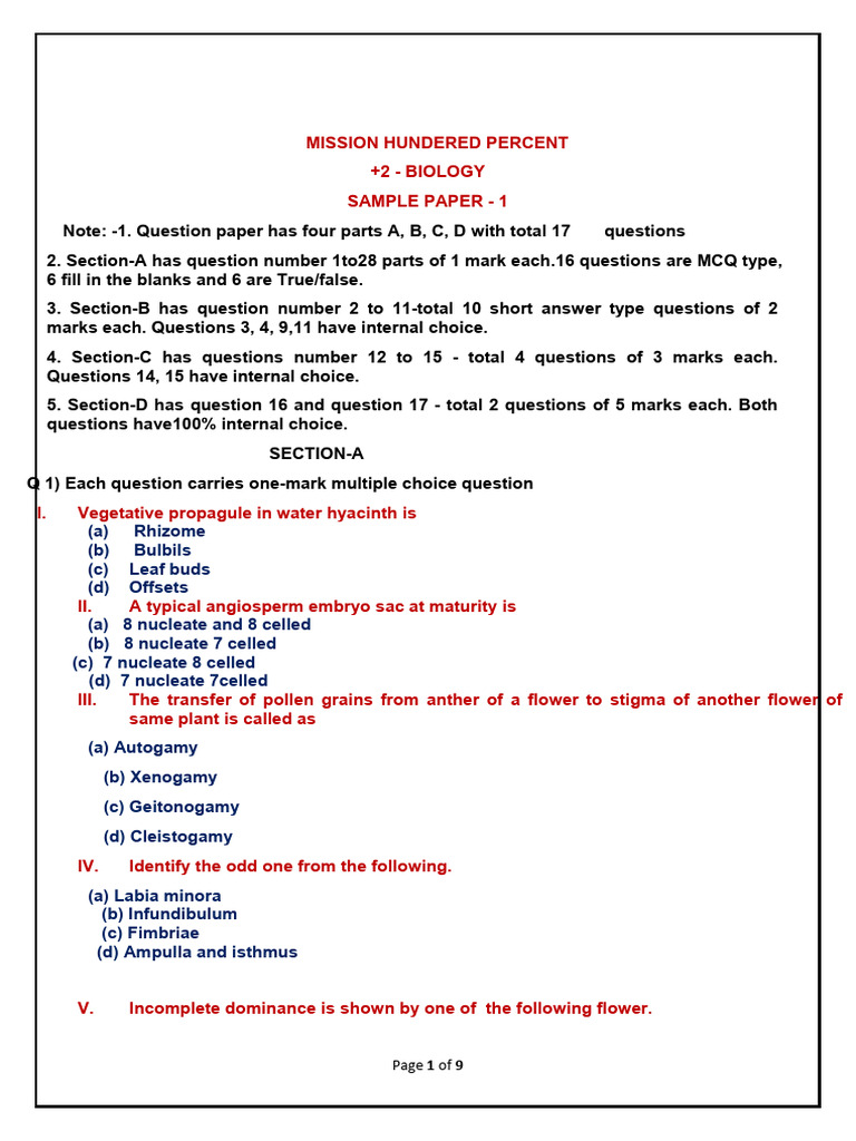 Biology Sample Paper Solutions | PDF | Restriction Enzyme | Biotechnology