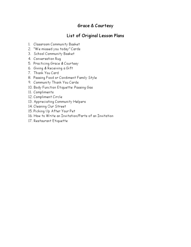 Grace & Courtesy Lesson Plan List | PDF