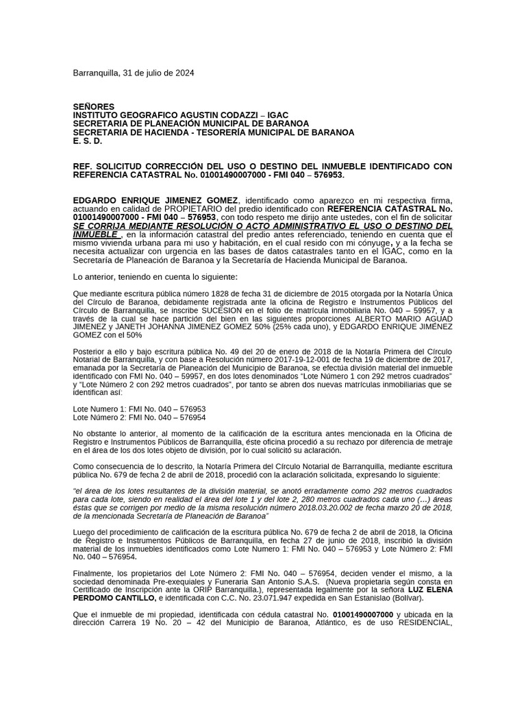 Solicitud Correccion Uso o Destino Inmueble Igac | PDF | Bienes raíces | Propiedad
