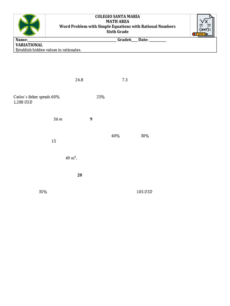 WORKSHOP - Word Problems Equations With Rational Numbers | PDF