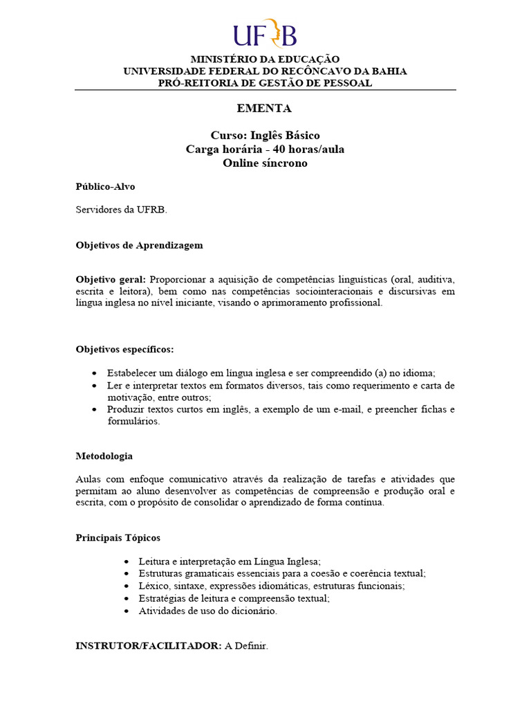EMENTA Inglês Básico | PDF
