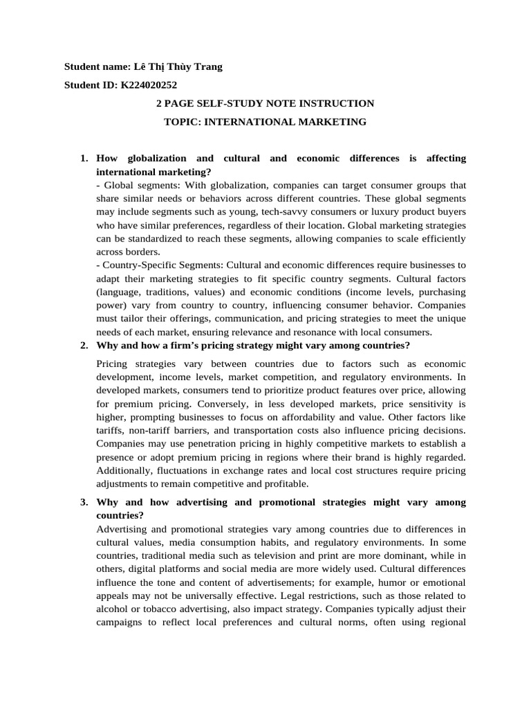Instruction - Self-Study Note - International Marketing | PDF | Pricing ...