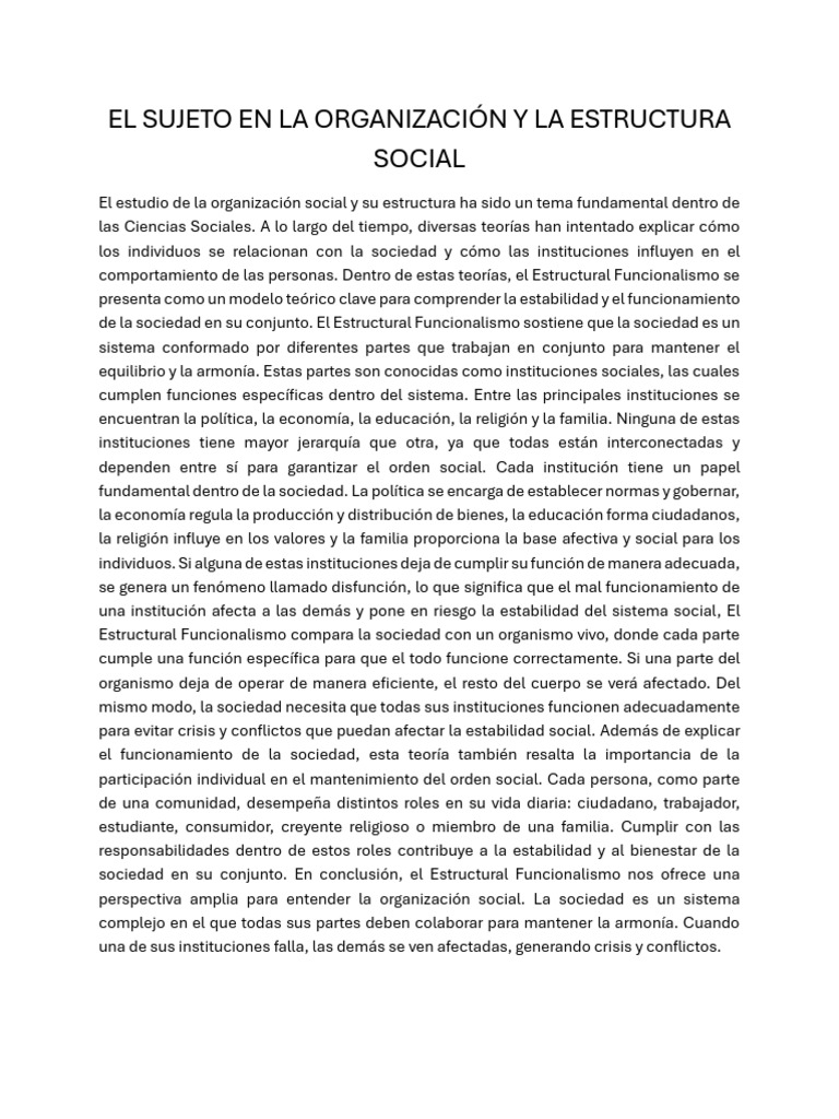 EL SUJETO EN LA ORGANIZACIÓN Y LA ESTRUCTURA SOCIAL | PDF | Sociedad | Institución
