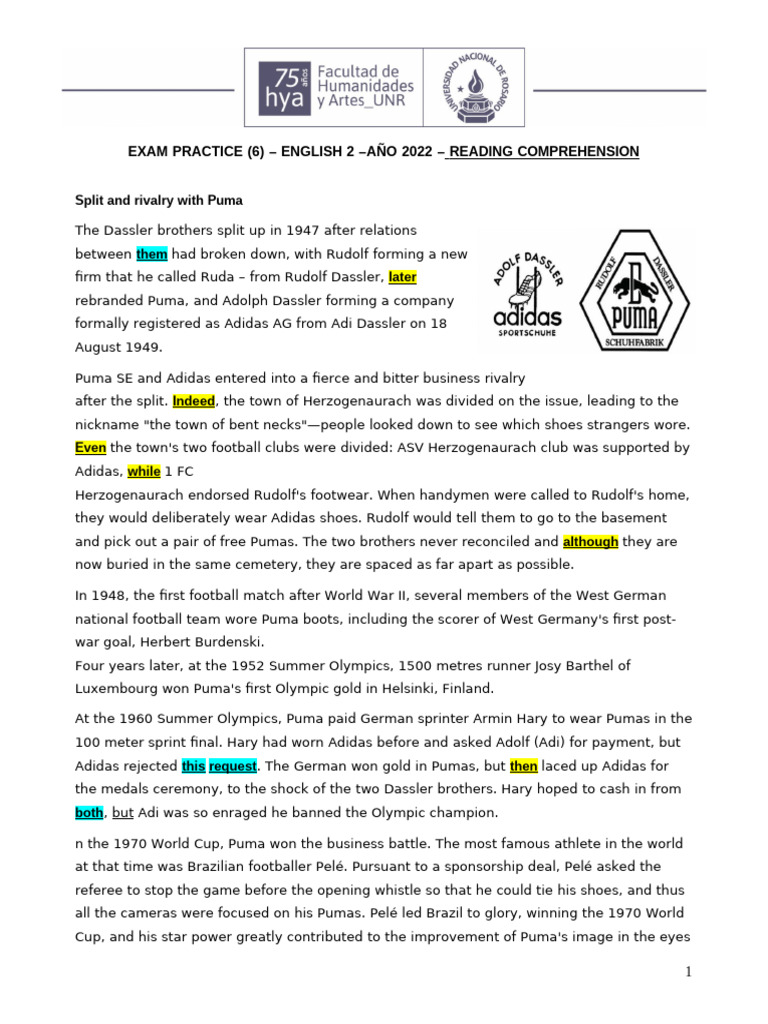 EXAMEN DE PRACTICA (6) - INGLES 2 READING COMPREHENSION (ADIDAS PART 2 ...