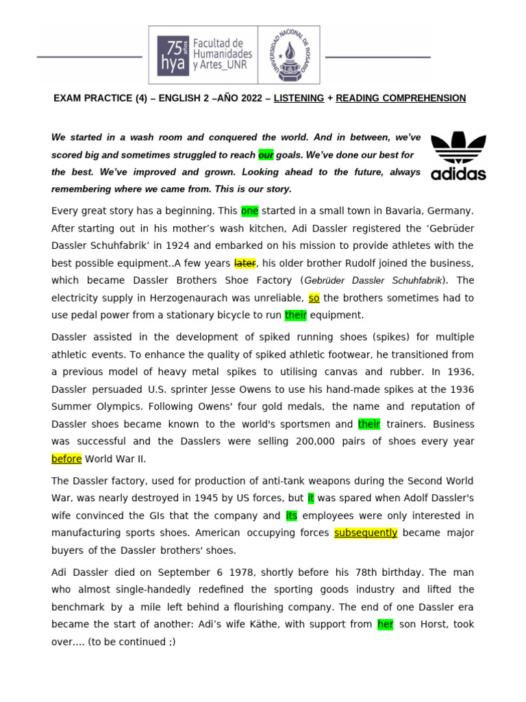 EXAMEN DE PRACTICA (5) - INGLES 2 READING COMPREHENSION + LISTENING ...