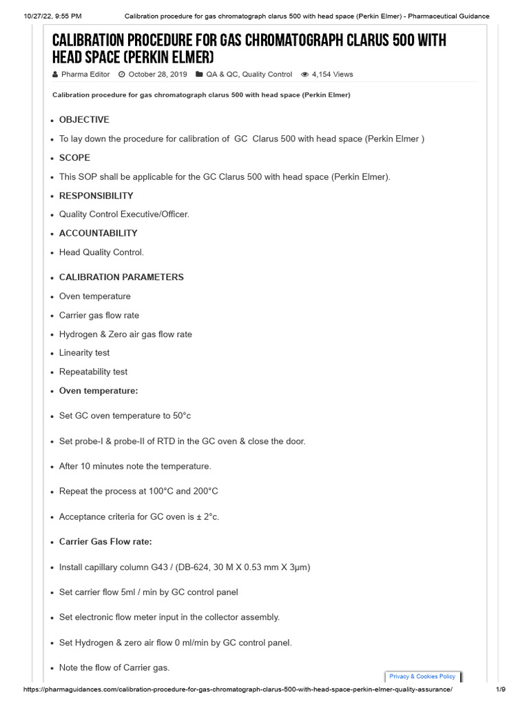Calibration Procedure For Gas Chromatograph Clarus 500 With Head Space ...