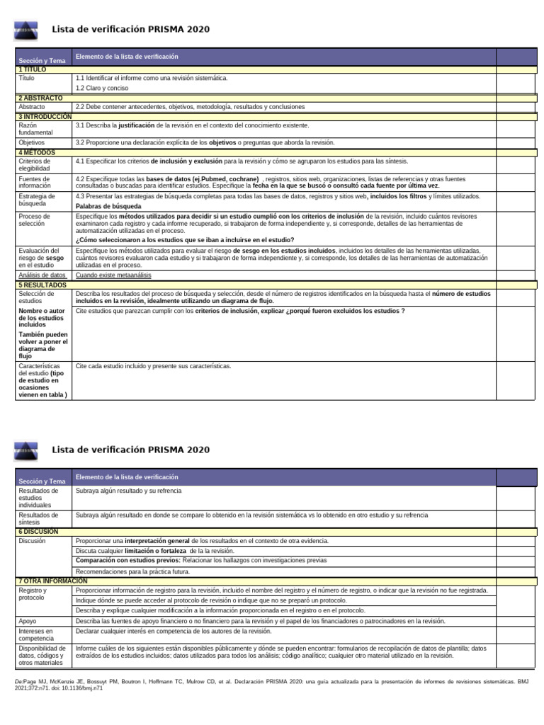 Lista de Verificación PRISMA 2020 en Español | PDF
