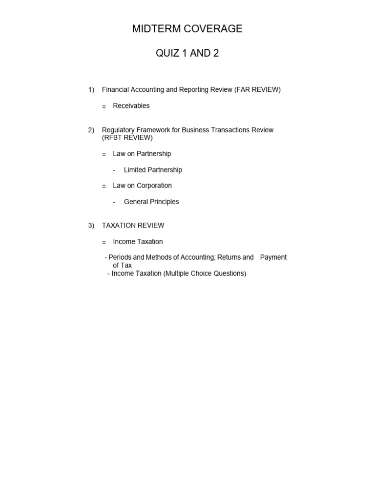 Midterm Quiz 1 and 2 Coverage - ( Far, Rfbt and Tax Review) | PDF