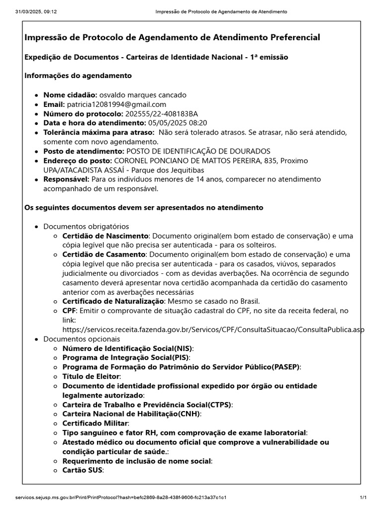 Impressão de Protocolo de Agendamento de Atendimento | PDF | Governo e personalidade