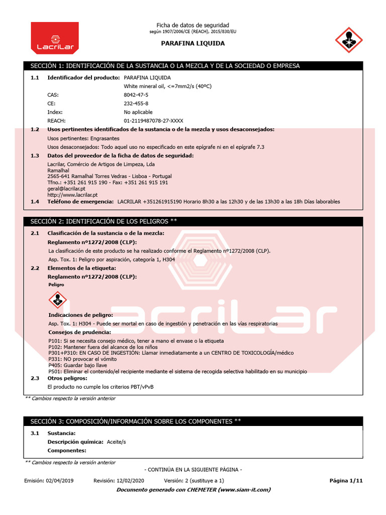 Ficha de Seguridad Parafina Liquida | PDF | Residuos | Toxicidad