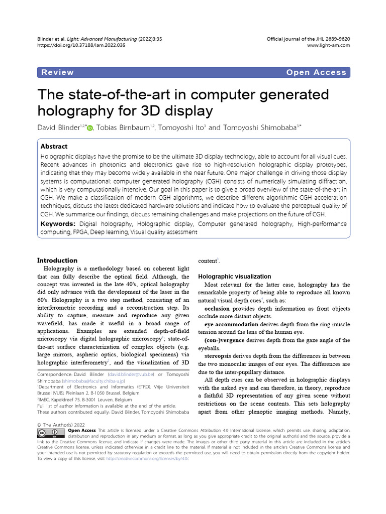 The State-Of-The-Art in Computer Generated Holography For 3D Display | PDF | Holography ...