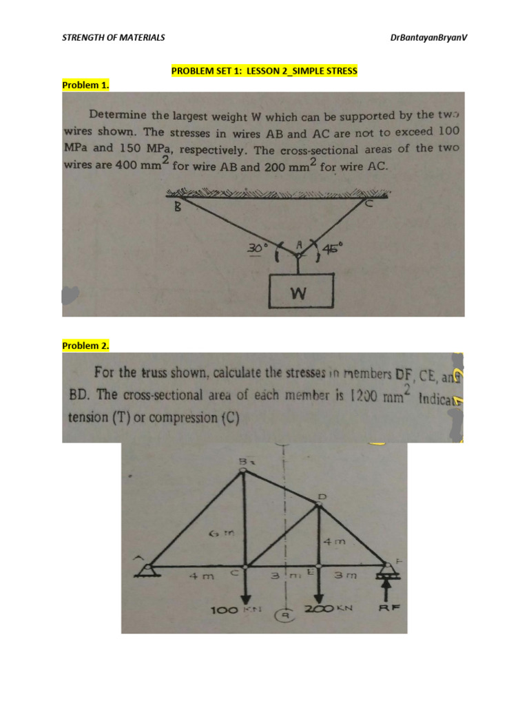 Problem Set No. 1 - Simple Stress | PDF