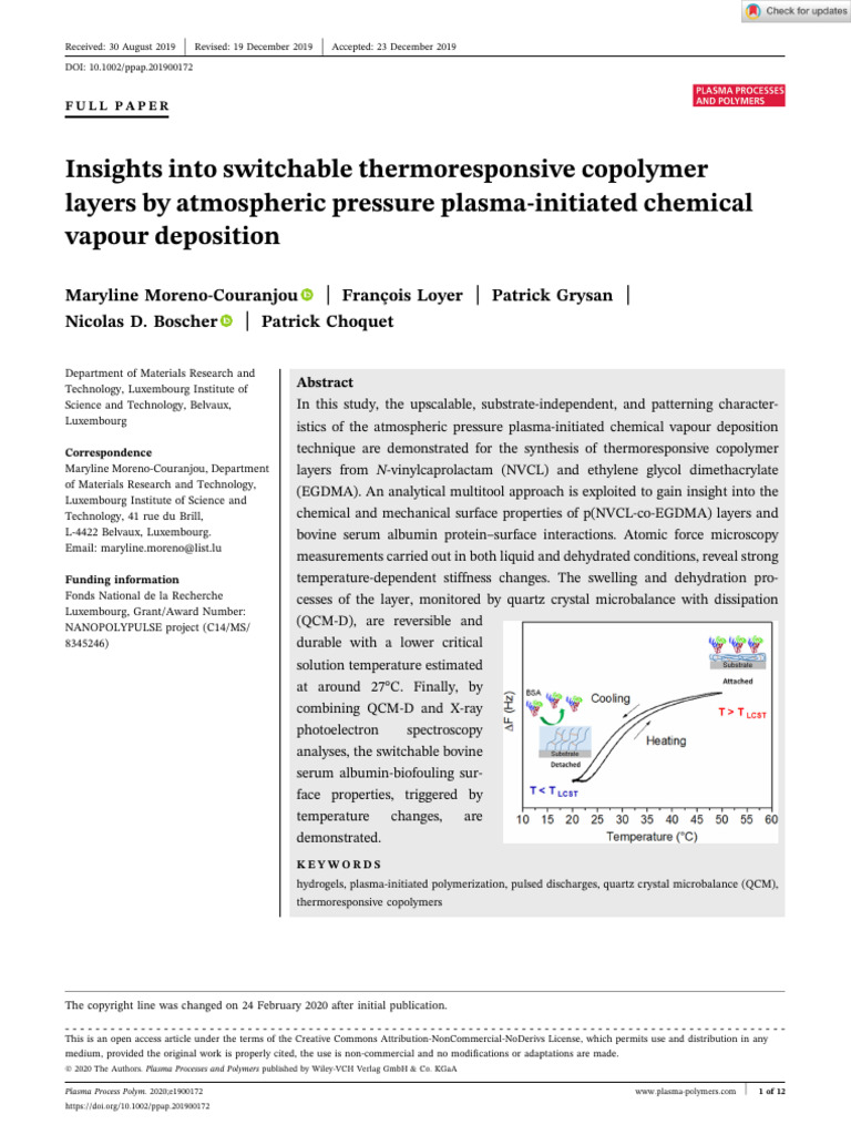 Plasma Processes Polymers - 2020 - Moreno Couranjou - Insights Into Switchable Thermoresponsive ...