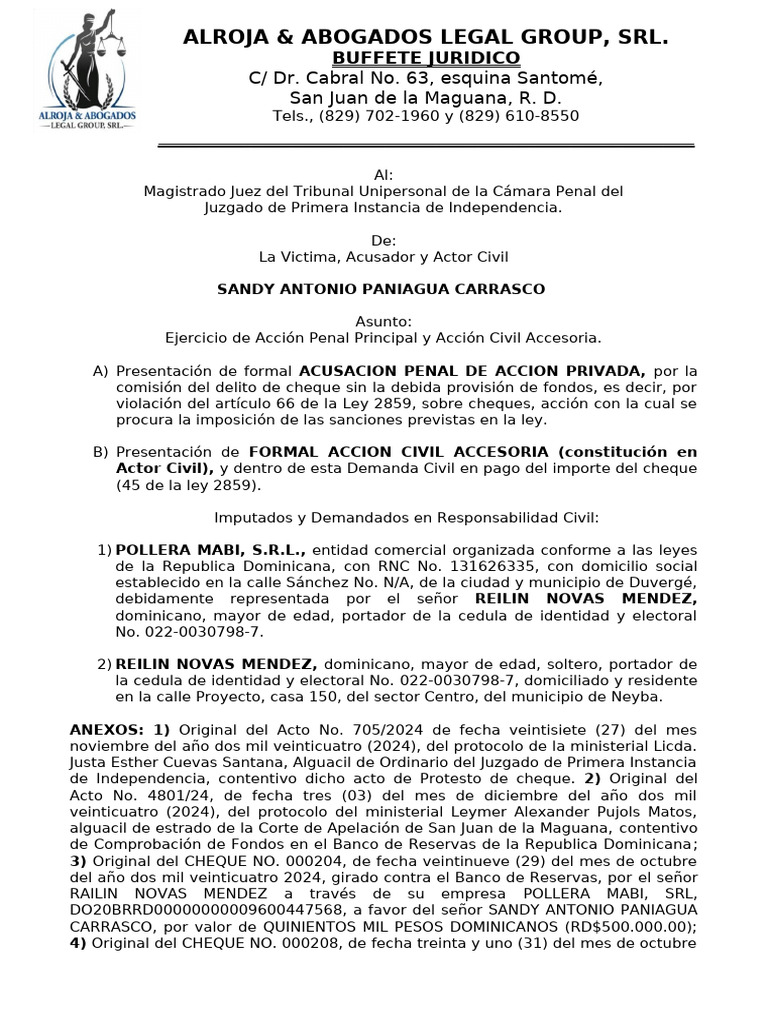 Acusacion Privada Por Violacion A La Ley de Cheques - Sandy | PDF | Cheque | Sociedad de ...