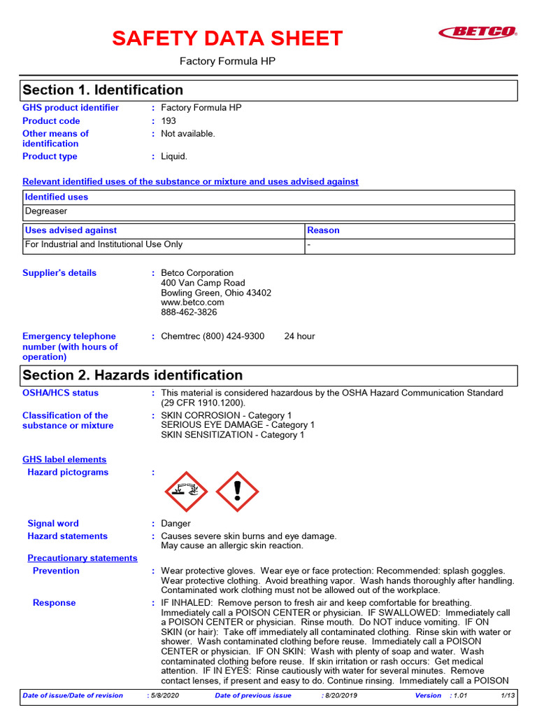 BETCO Factory Formula HP SDS | PDF | Personal Protective Equipment | Waste