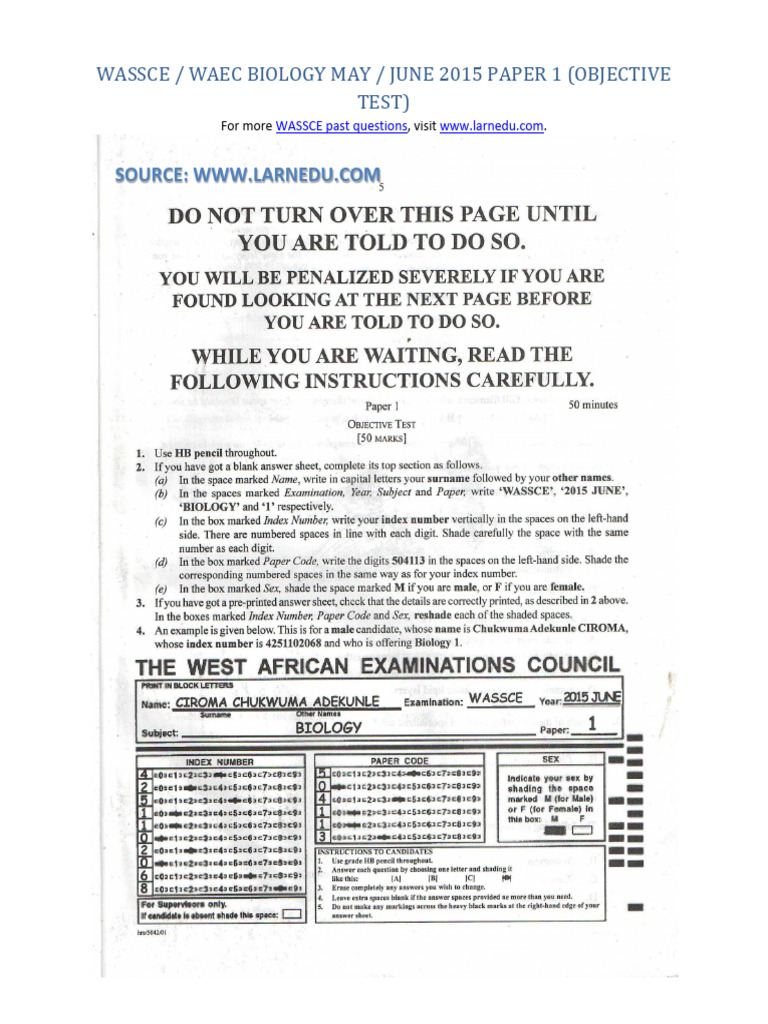 WASSCE WAEC Biology May June 2015 Paper 1 Objective | PDF