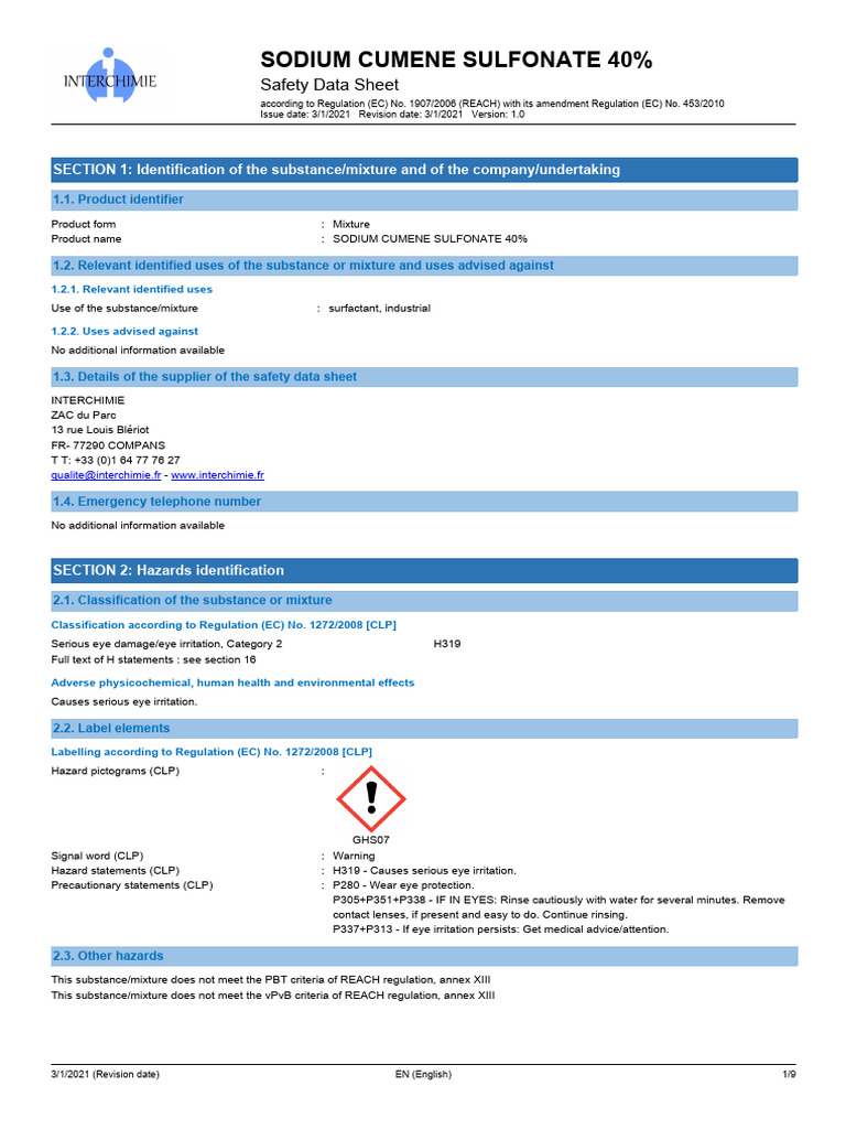 Sodium Cumene Sulfonate 40% Safety Data | PDF | Toxicity | Firefighting
